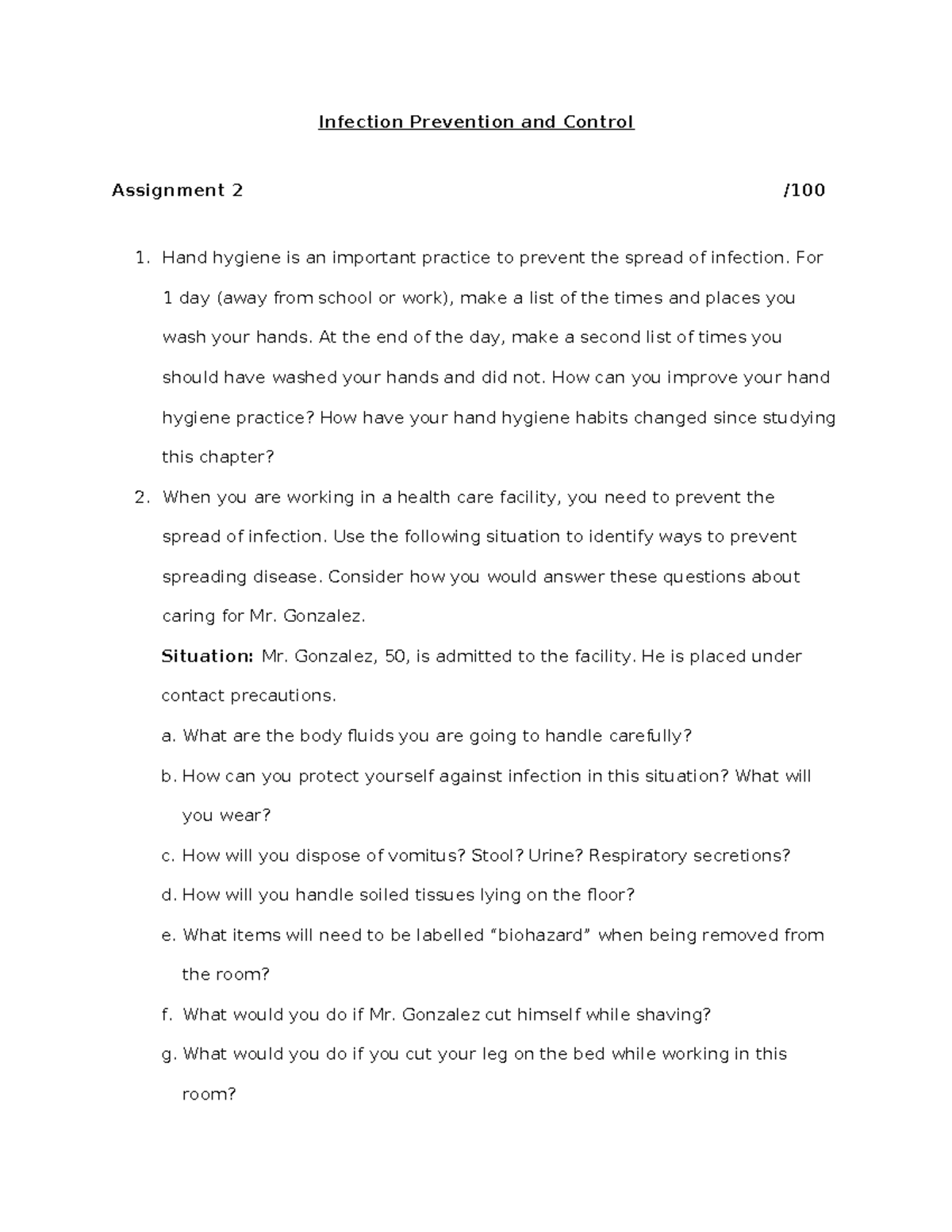 Infection Prevention & Control assignment 2 - Infection Prevention and Control Assignment 2 ...
