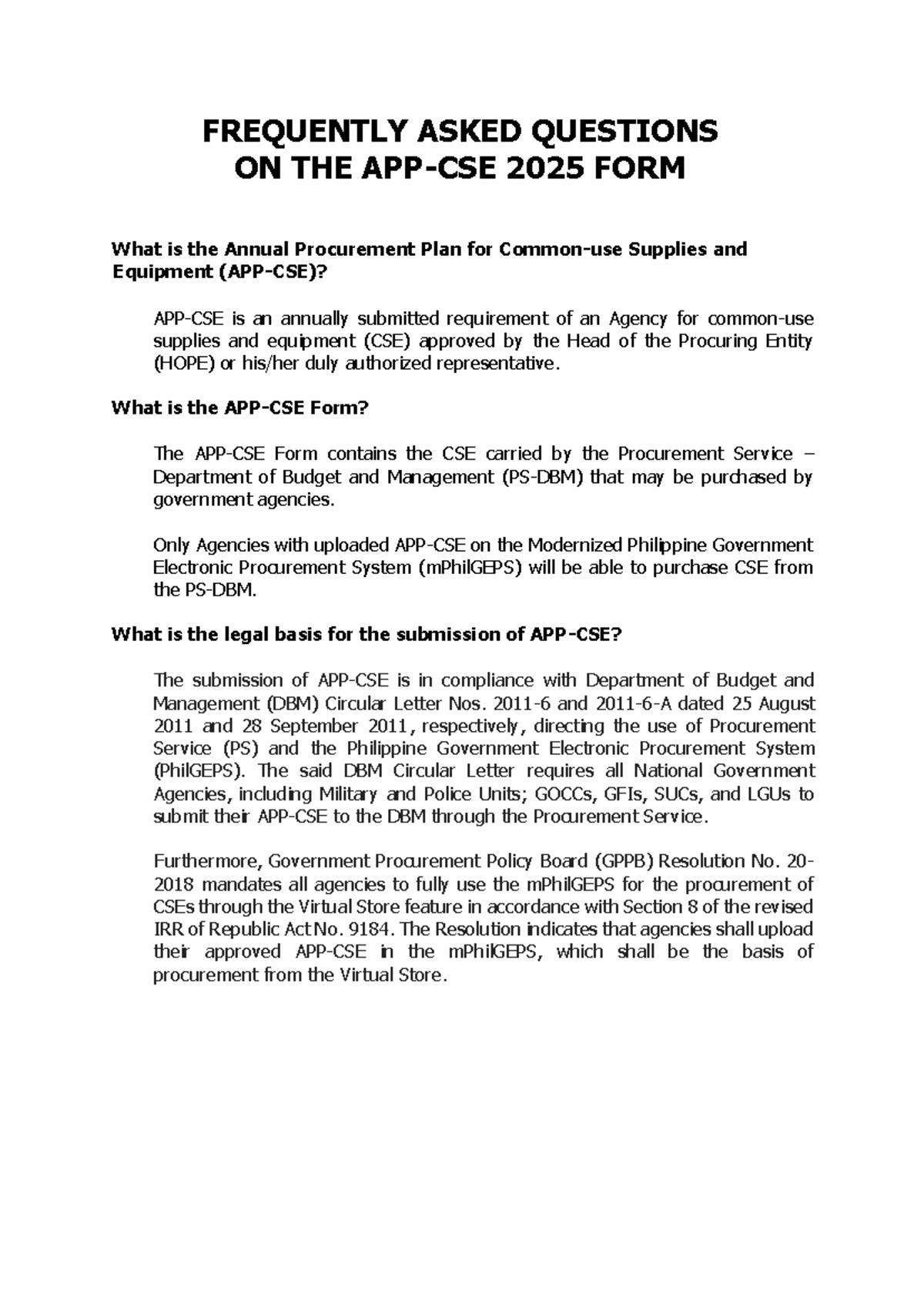 2025 FAQs Submission OF THE APP-CSE FORM TO PS-DBM - FREQUENTLY ASKED ...