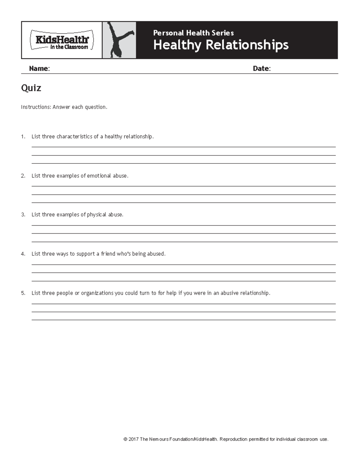 Healthy relationships quiz - © 201 7 The Nemours Foundation/KidsHealth ...