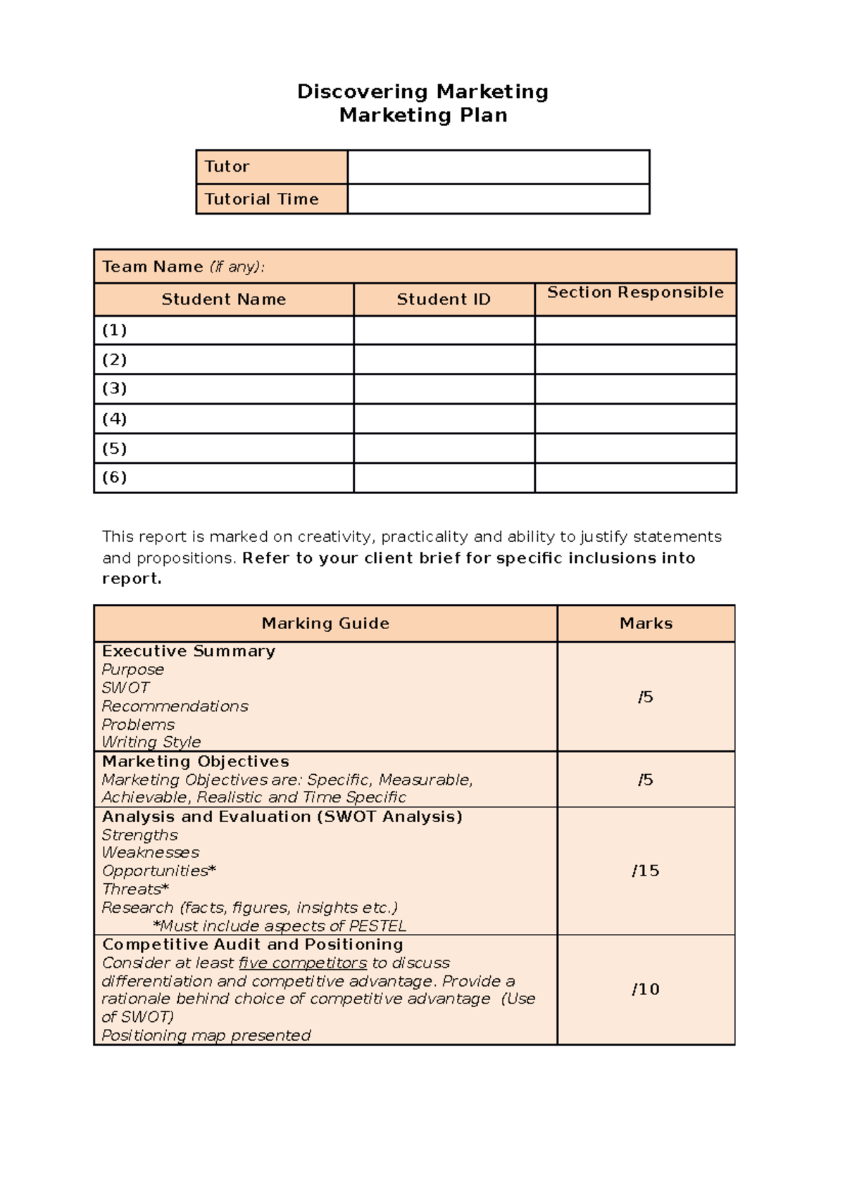 Group Report Template(1) - Discovering Marketing Marketing Plan Tutor ...