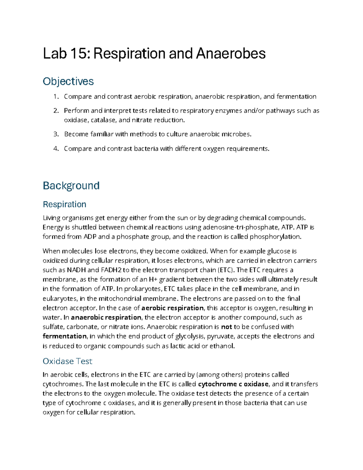 Lab 15 - Report Respiration and Anaerobes - Lab 15: Respiration and Anaerobes Objectives Compare ...