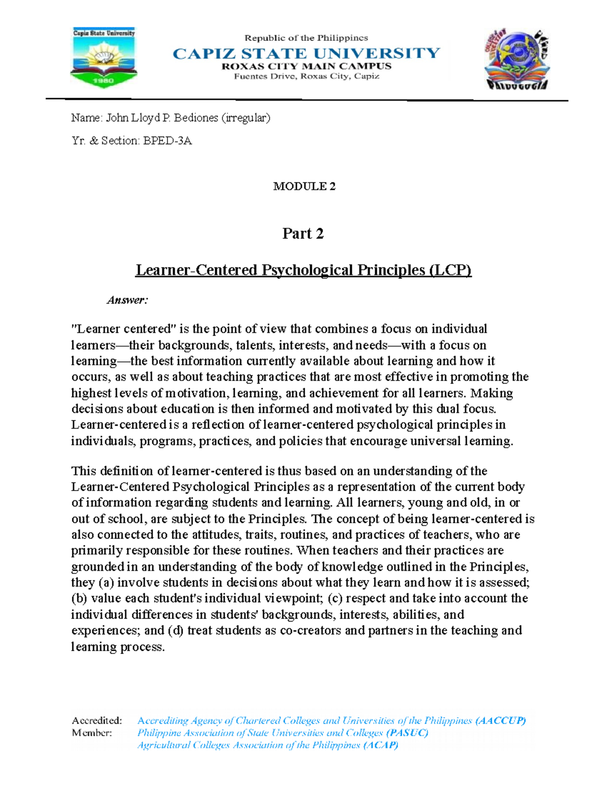 ED-105- Module # 2 - Name: John Lloyd P. Bediones (irregular) Yr ...