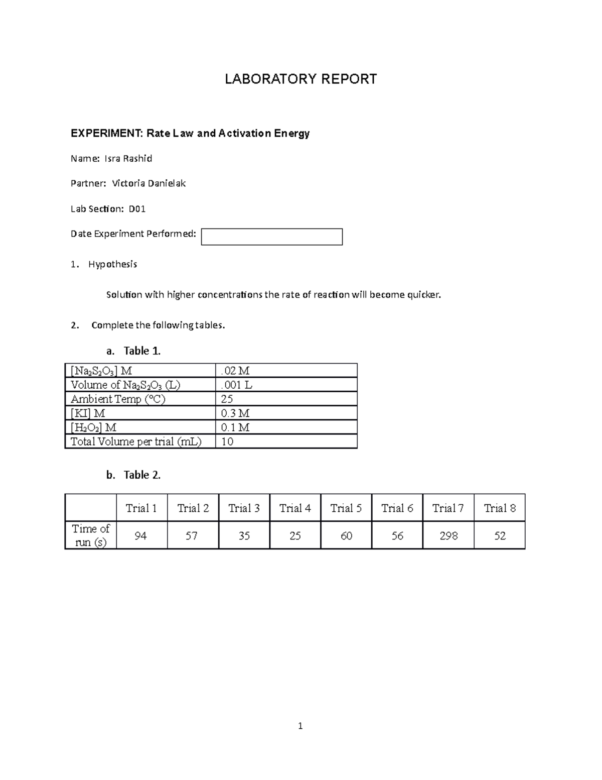 Exp 24 Rate Law and Ea numbers only - LABORATORY REPORT EXPERIMENT ...