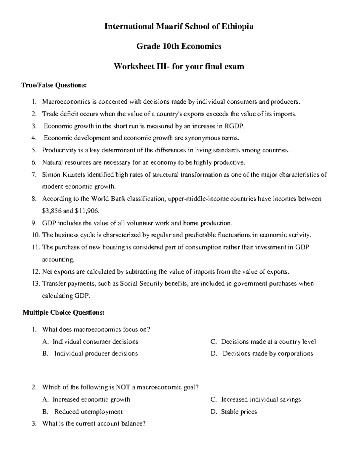 Worksheet III Grade 10(economics) - International Maarif School of ...