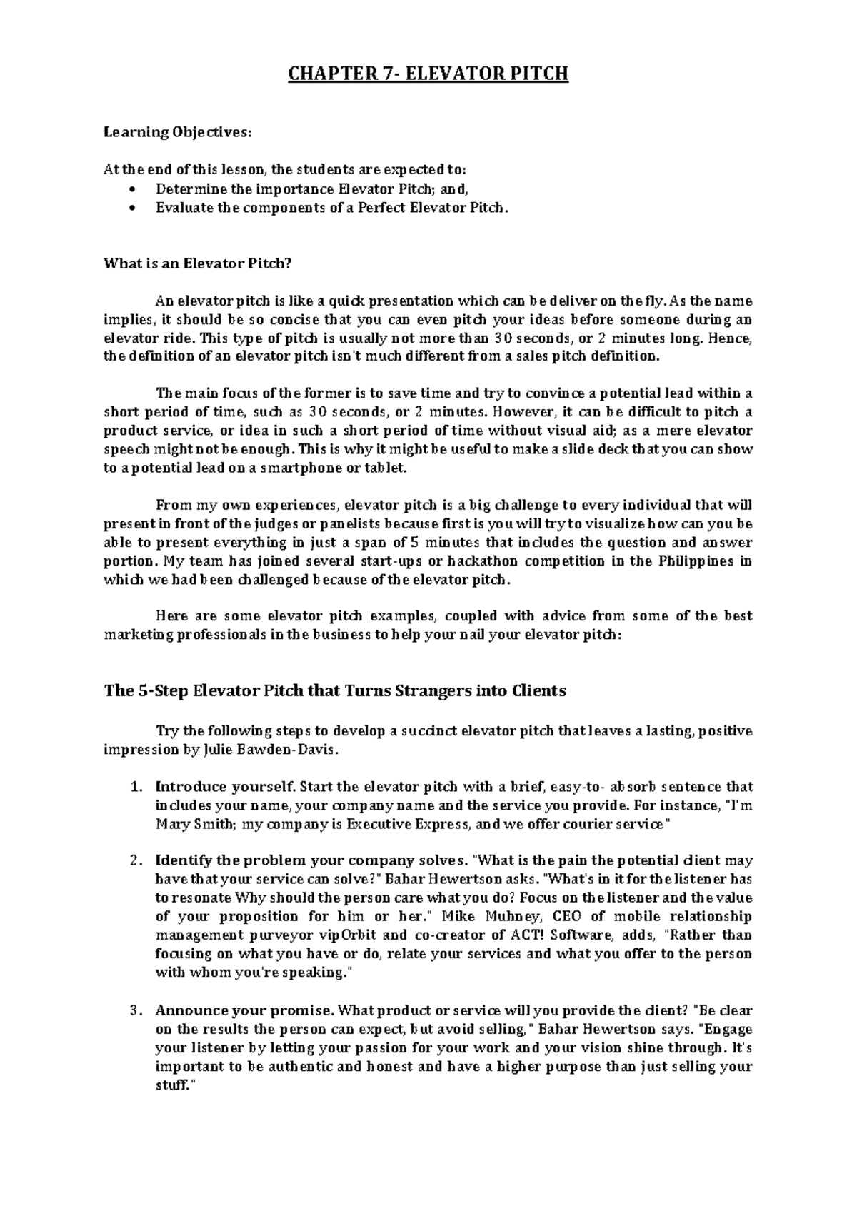 Chapter 7 Elevator Pitch - CHAPTER 7- ELEVATOR PITCH Learning Objectives: At the end of this ...
