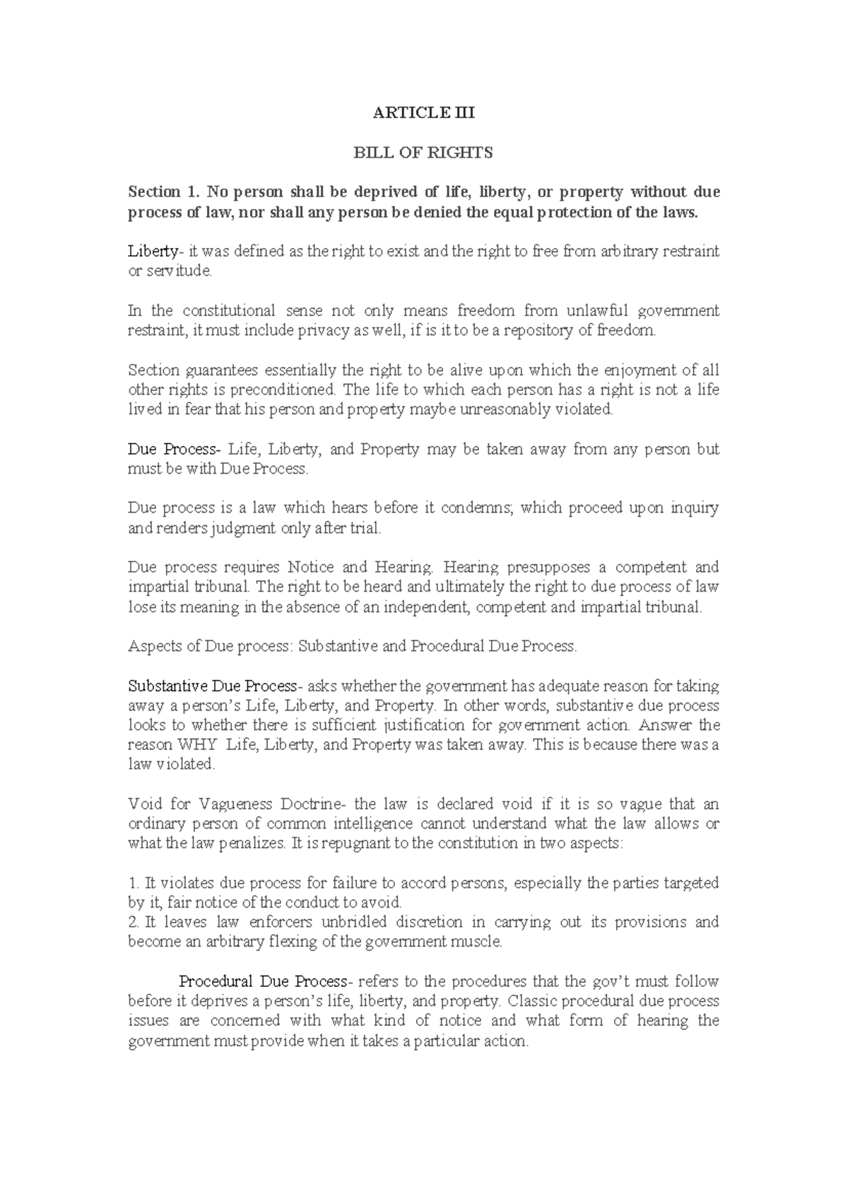 Article-III-Reviewer - ARTICLE III BILL OF RIGHTS Section 1. No person ...