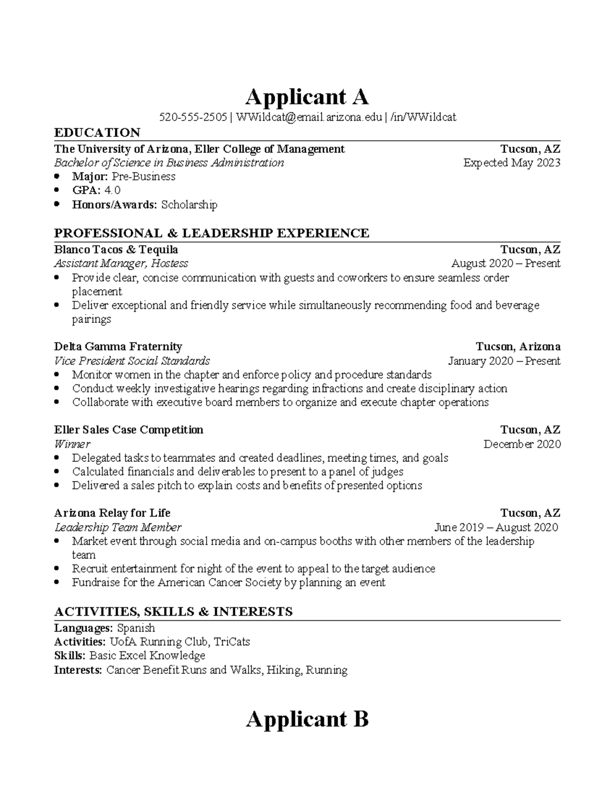 Session 5 - Resume Activity - Applicant A 520-555-2505 | WWildcat@email ...