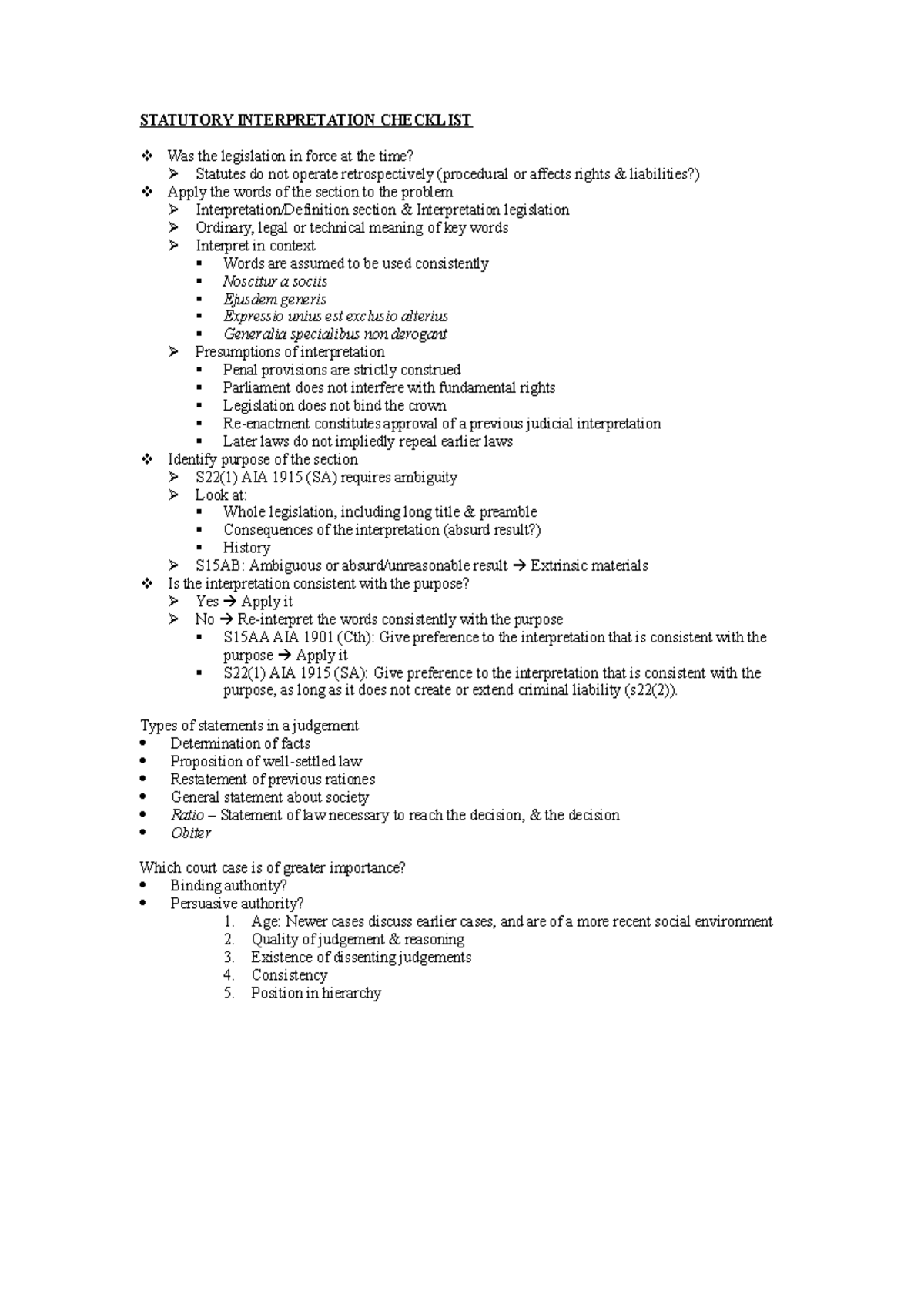 Legal Skills Checklist - STATUTORY INTERPRETATION CHECKLIST Was the ...