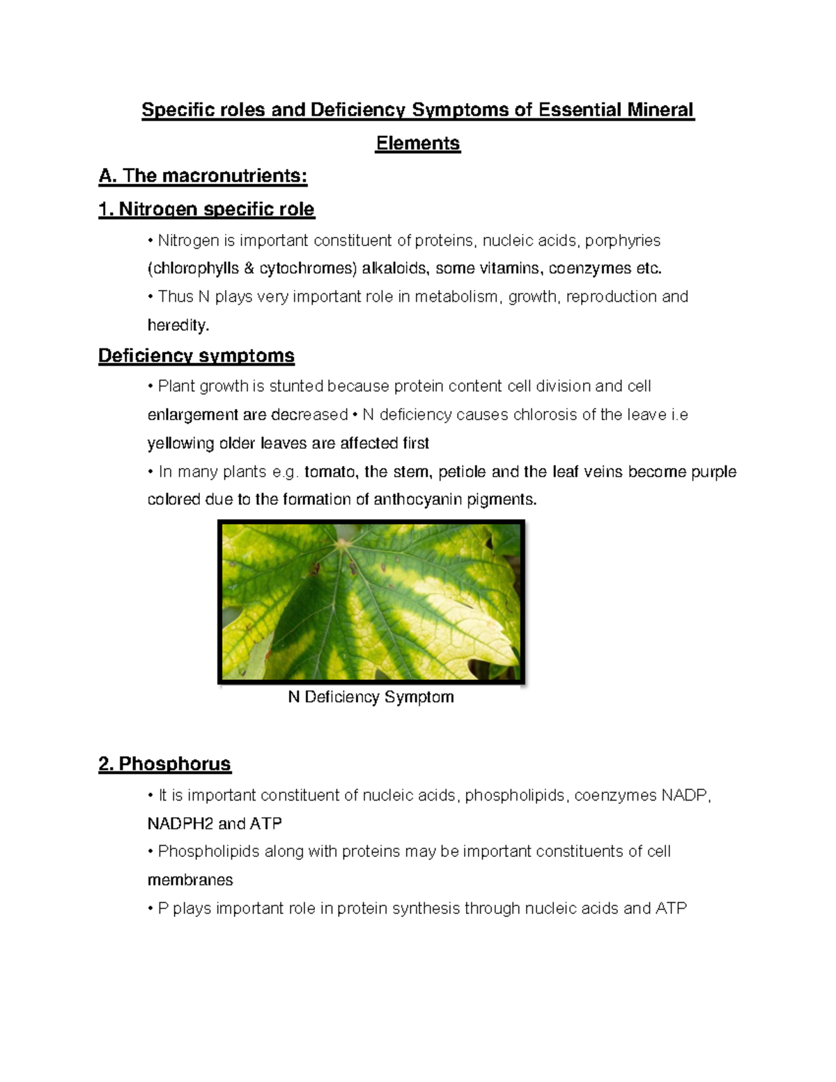 Specific roles and Deficiency Symptoms of Essential Mineral Elements ...