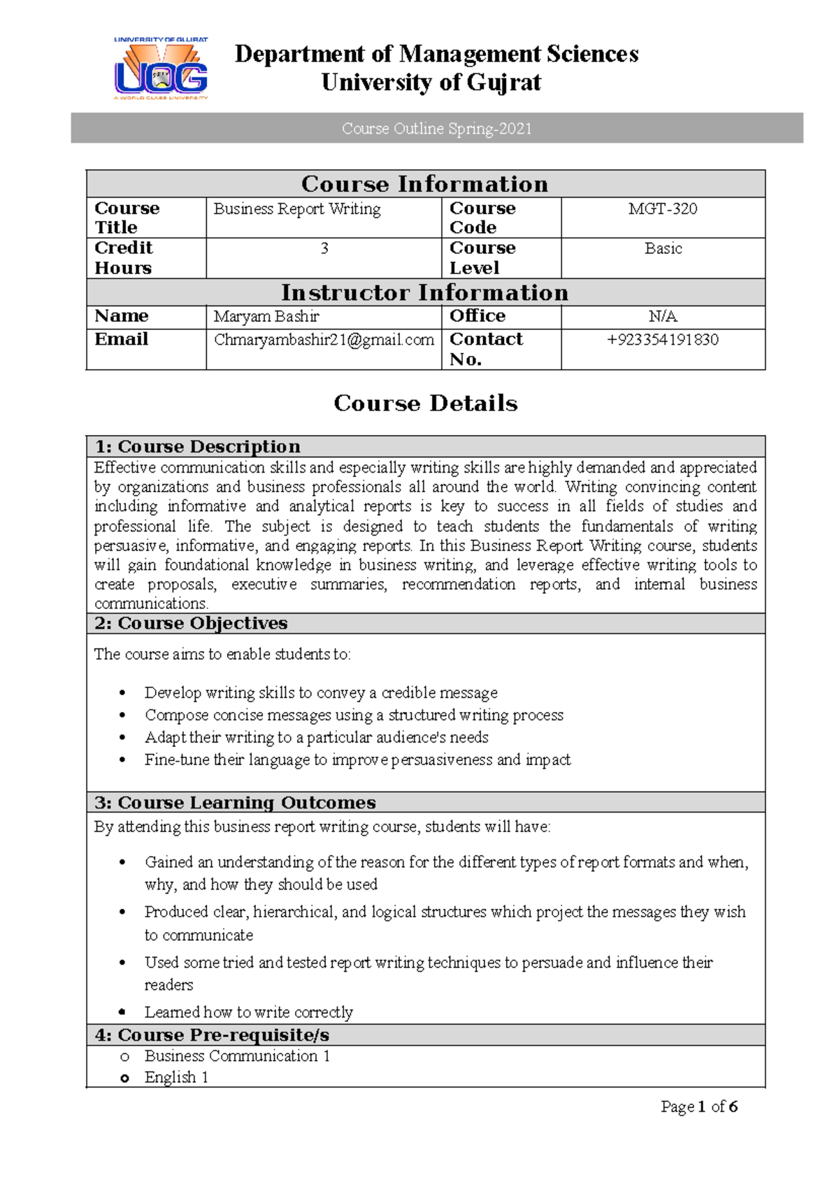 Busness Report Writting outline - Course Outline Spring- University of Gujrat Course Information ...