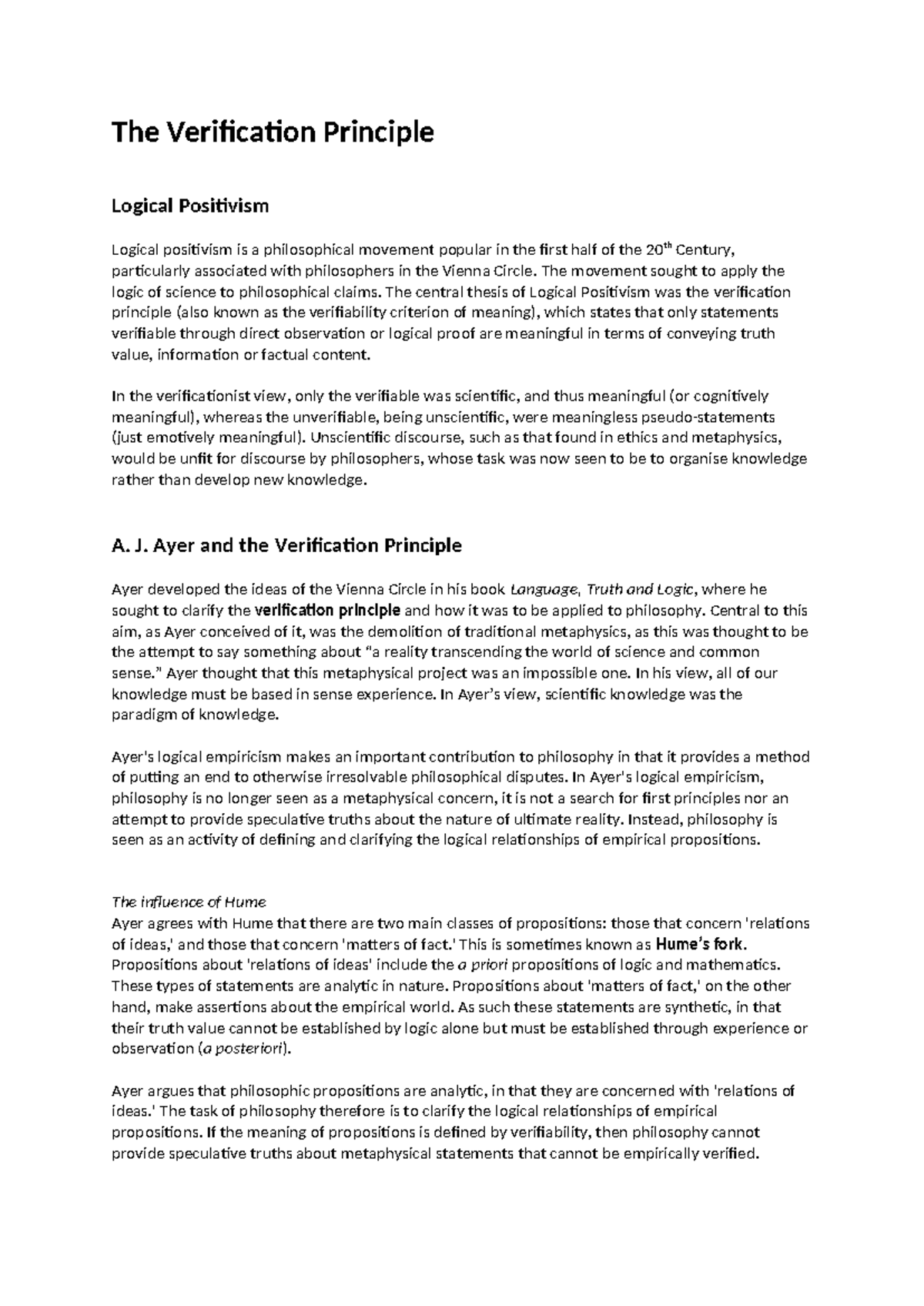 Ayer and the verification principle - The Verification Principle ...