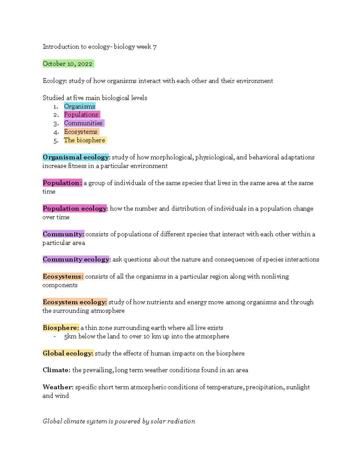 Introduction to ecology- bio wk 7 - Introduction to ecology- biology ...