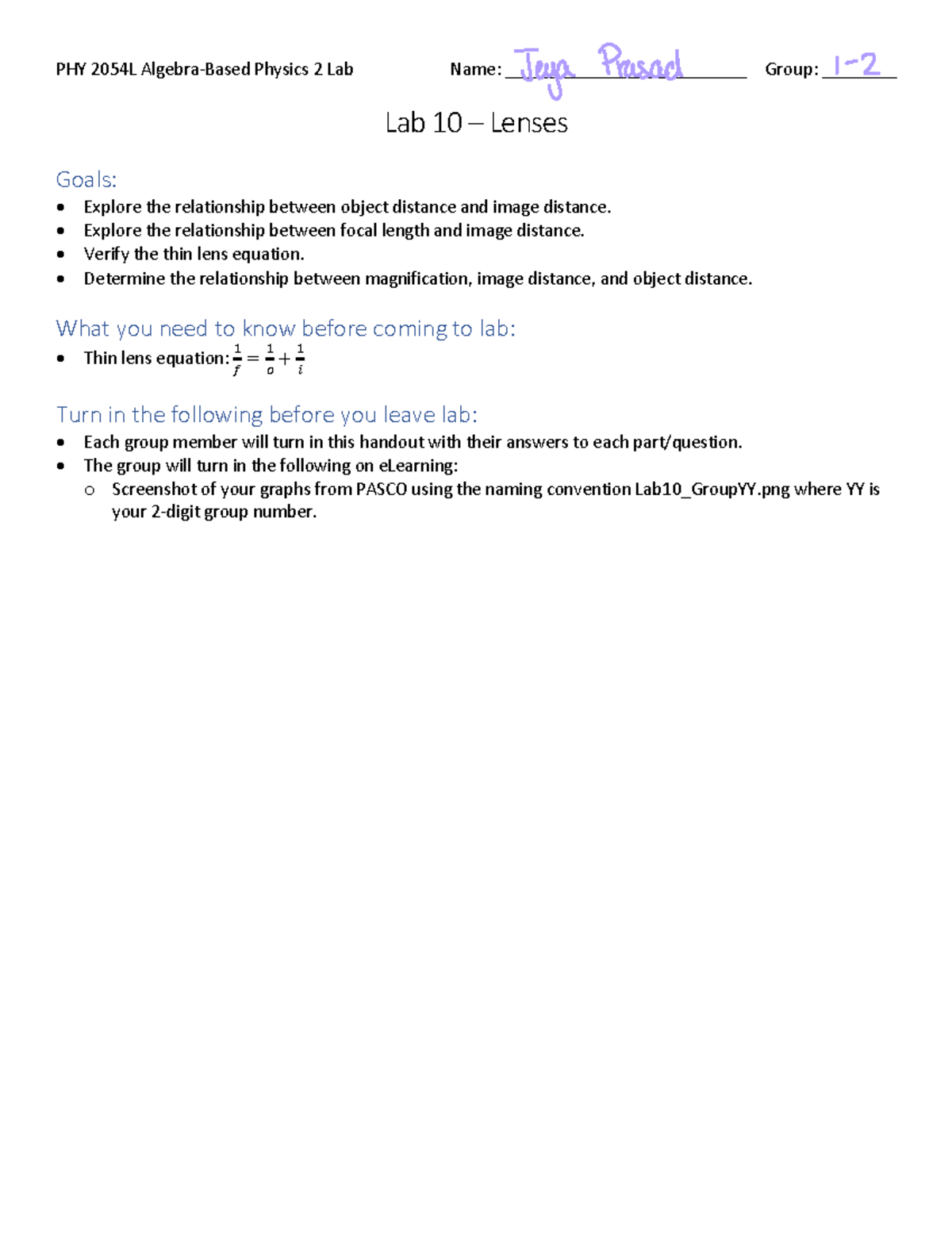 Lab10 Lenses 2054 - PHY 2054L Algebra-Based Physics 2 Lab Name