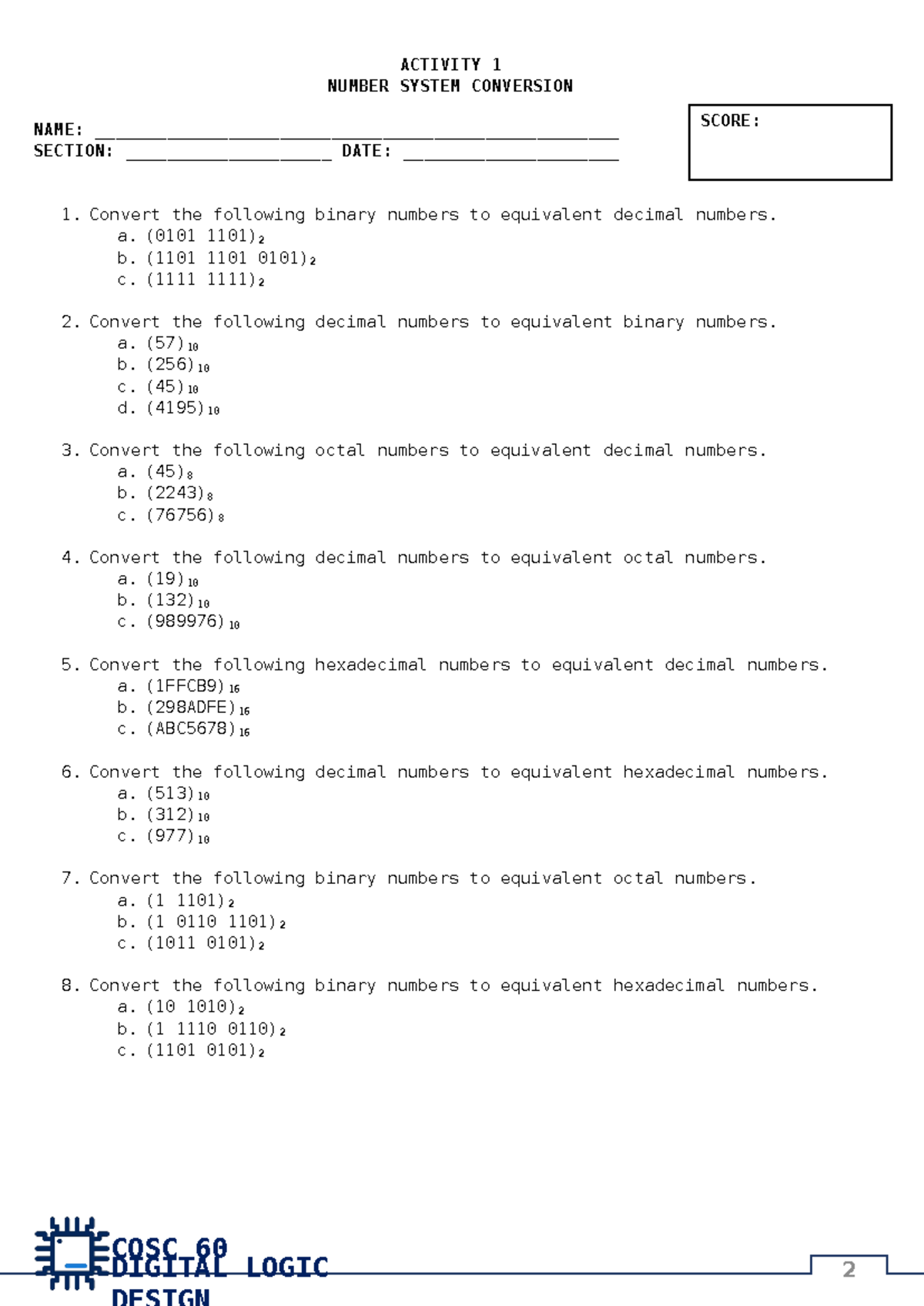 Activity 1 - Number System - DIGITAL LOGIC 2 COSC 60 ACTIVITY 1 NUMBER ...