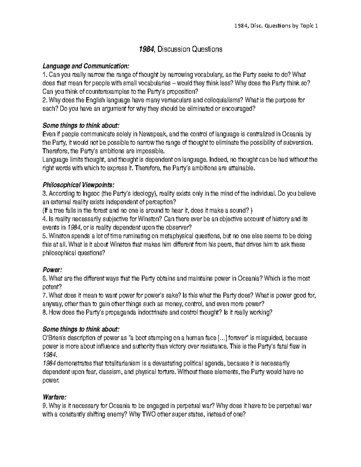 1984 Disc. Questions (Abbreviated) - 1984 , Discussion Questions ...