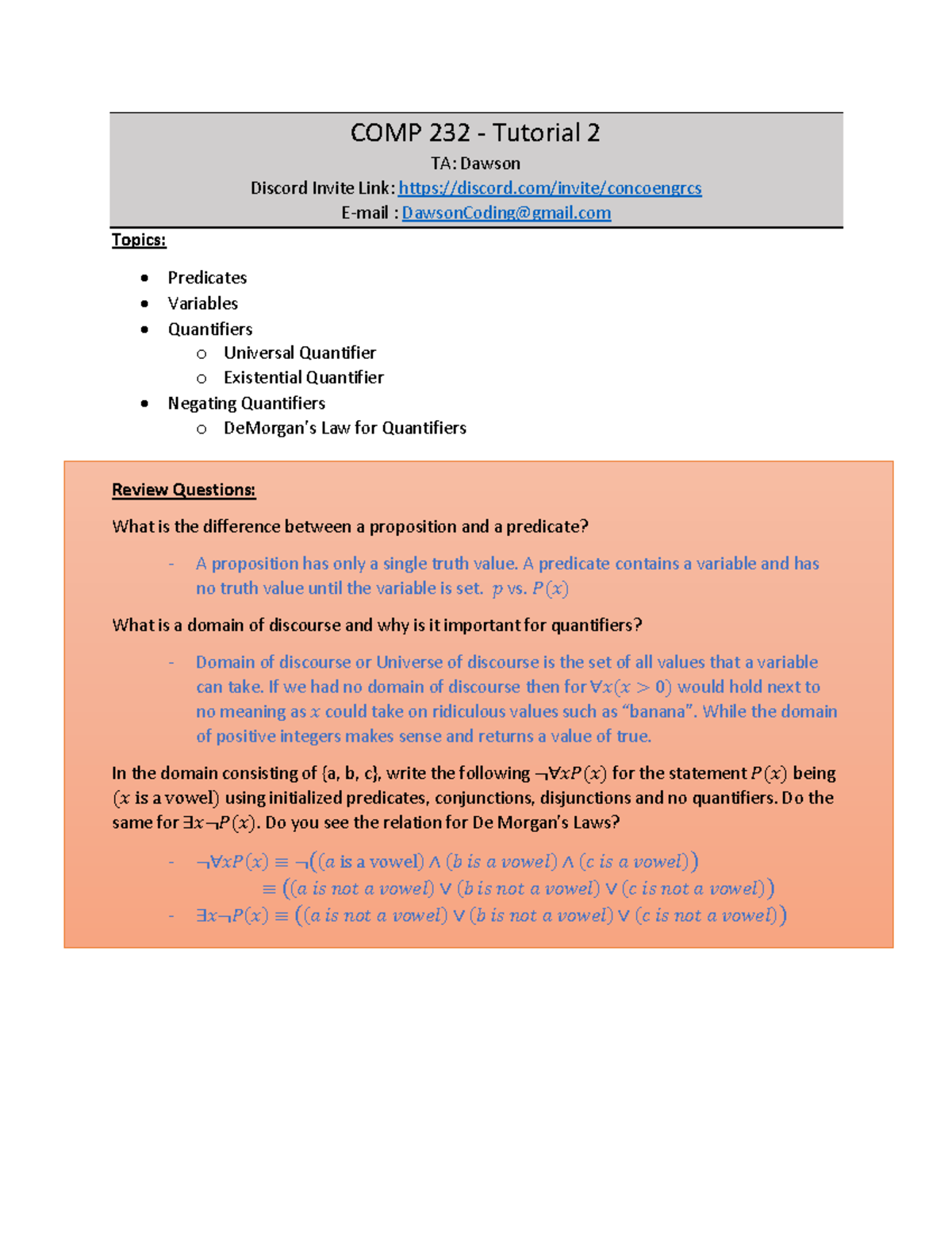 COMP232 Tutorial 02 with Answers - COMP 232 - Tutorial 2 TA: Dawson Discord Invite Link: - Studocu