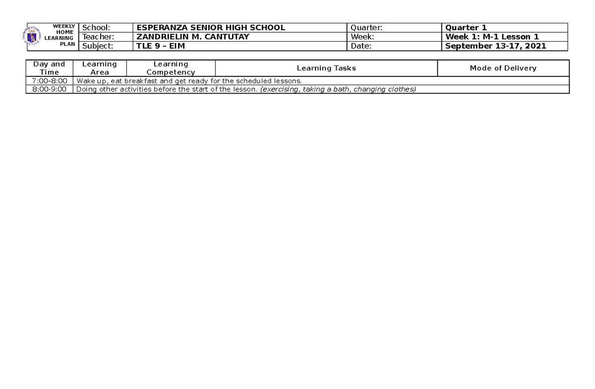 Q1 W1 EIM9 - EIM - WEEKLY HOME LEARNING PLAN School: ESPERANZA SENIOR ...