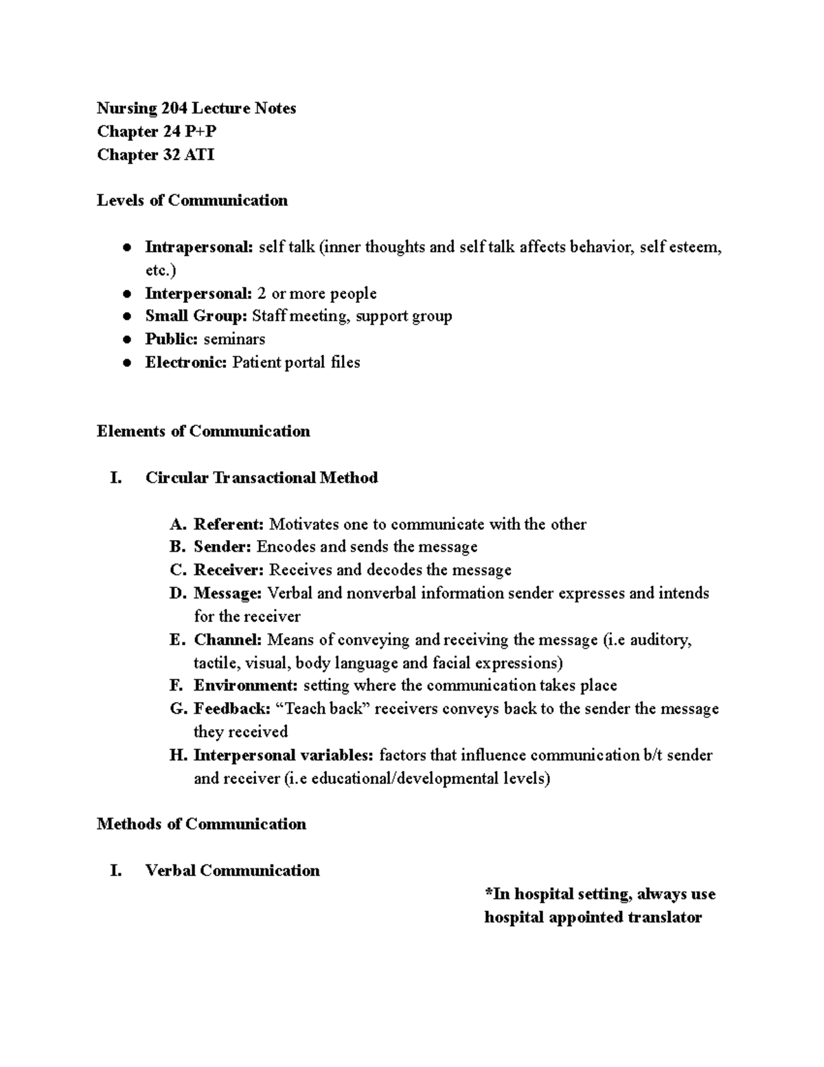 204 24 Levels of comm - Nursing 204 Lecture Notes Chapter 24 P+P ...