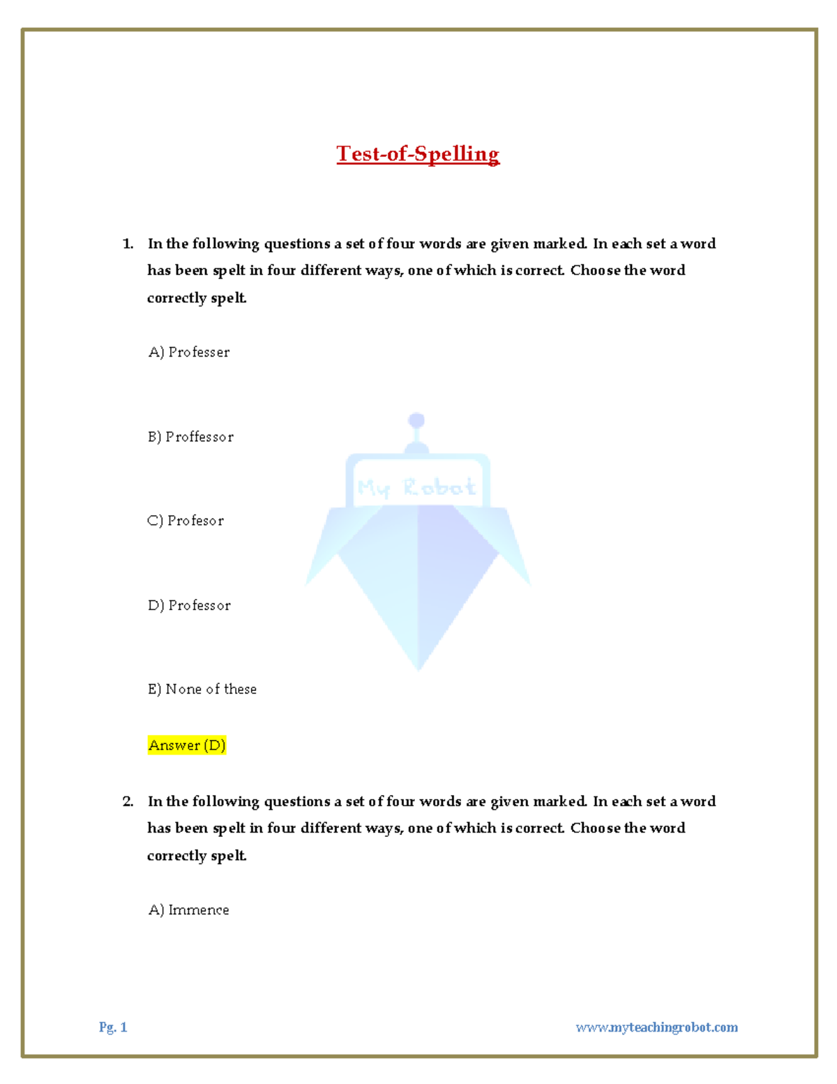 English Test of Spelling - Test-of-Spelling In the following questions ...
