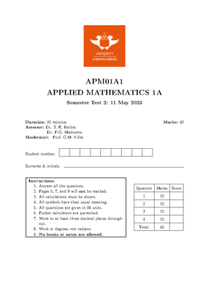 APM01A1 - UJ - Applied Mathematics 1A - Studocu