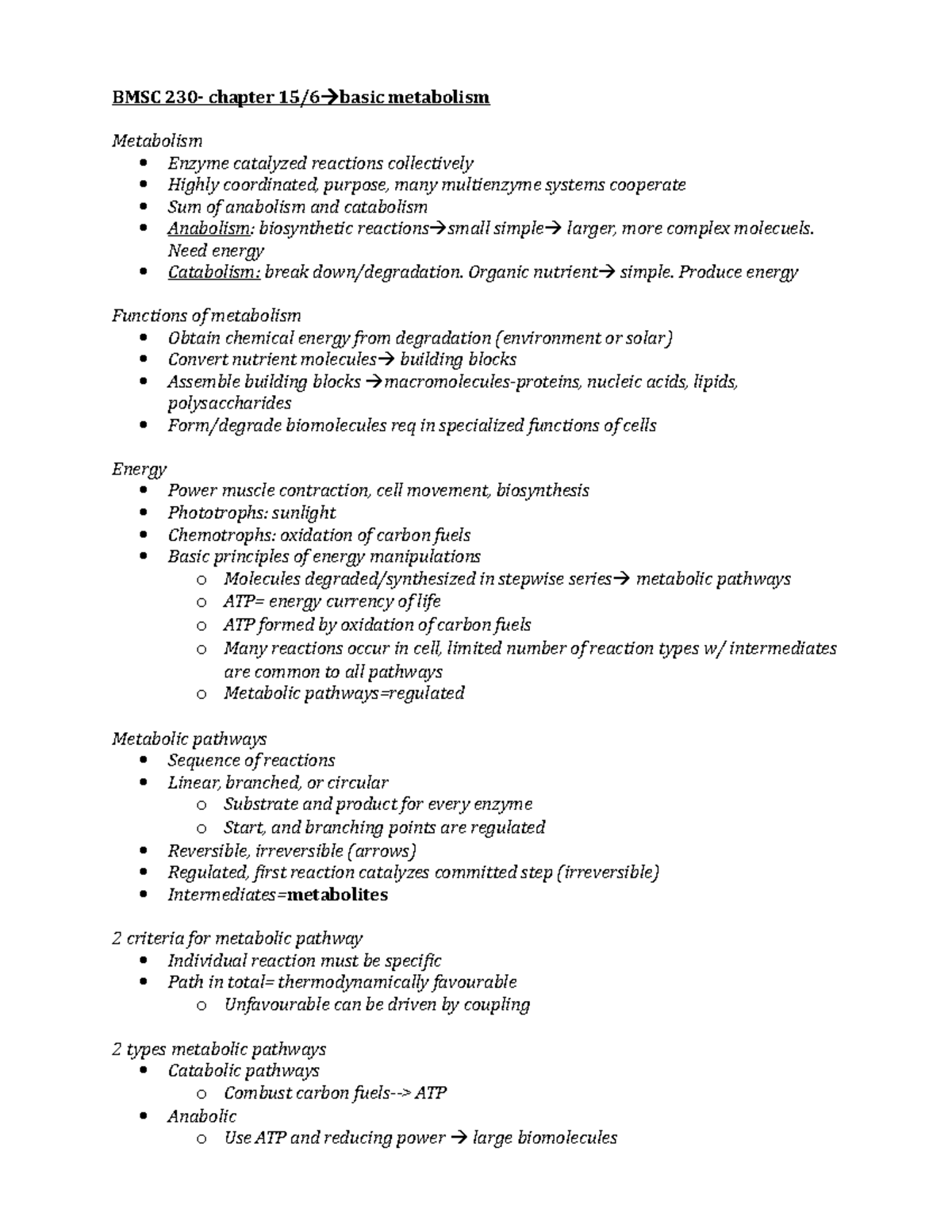 BMSC 230-basic concepts - BMSC 230- chapter 15/6 basic metabolism ...