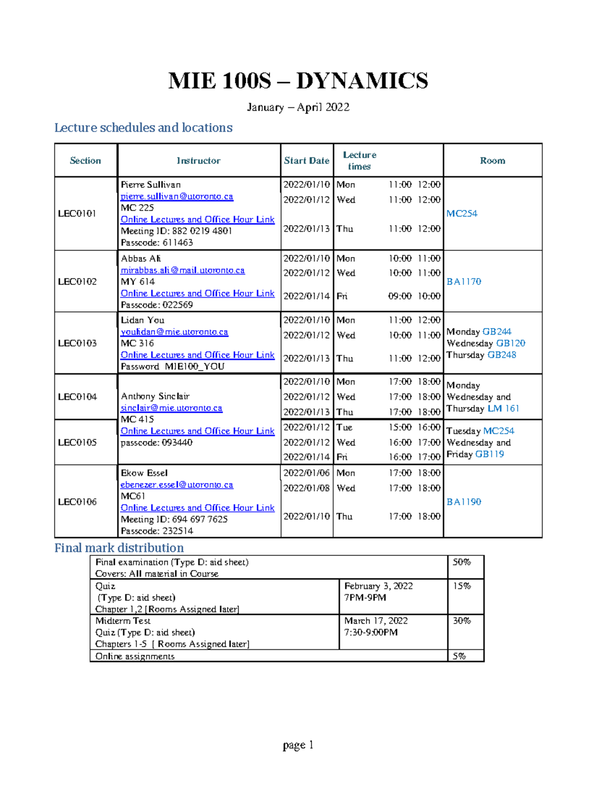 MIE100 - Syllabus 2022 - syallabus - MIE 100S – DYNAMICS January ...