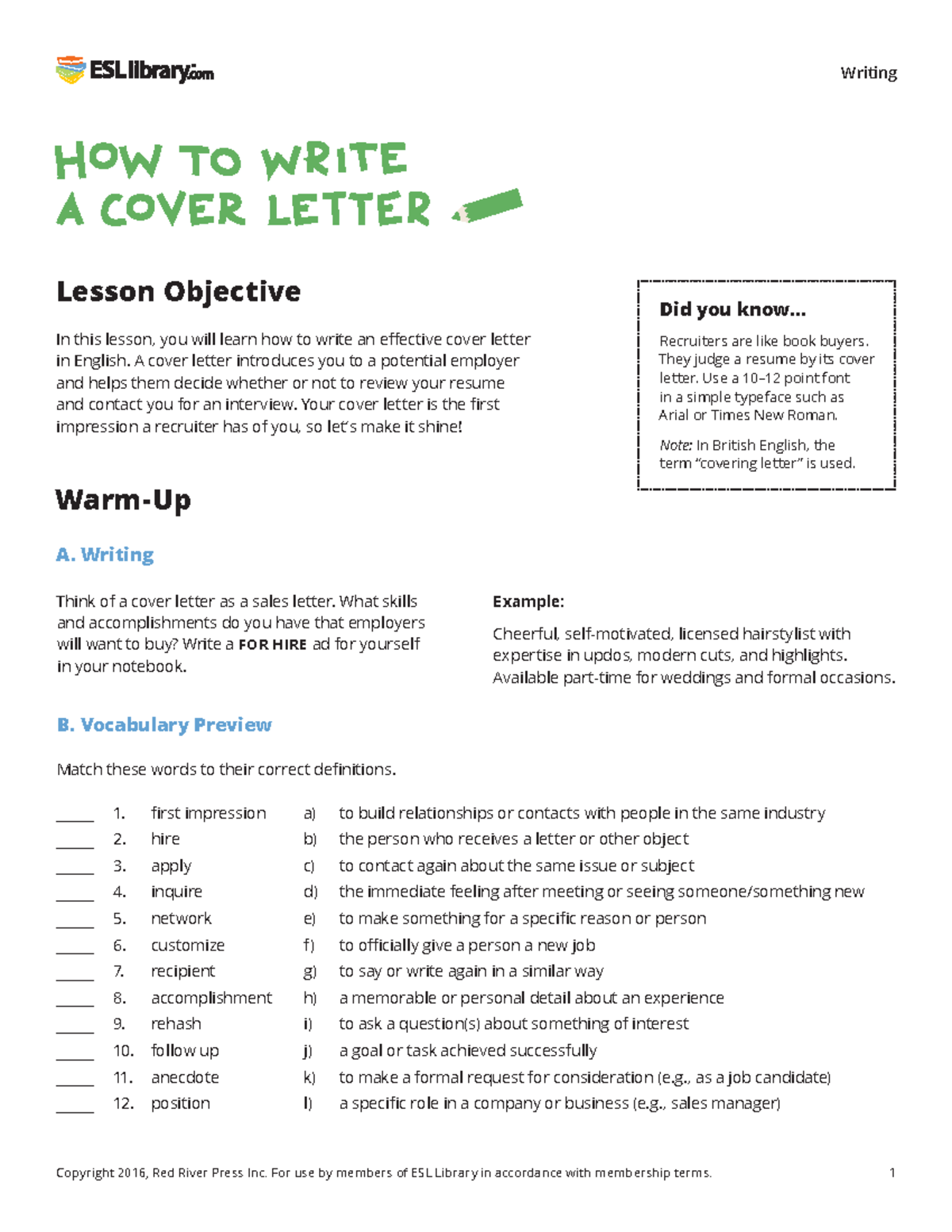 74 Cover-Letter US - english - Writing Lesson Objective In this lesson ...