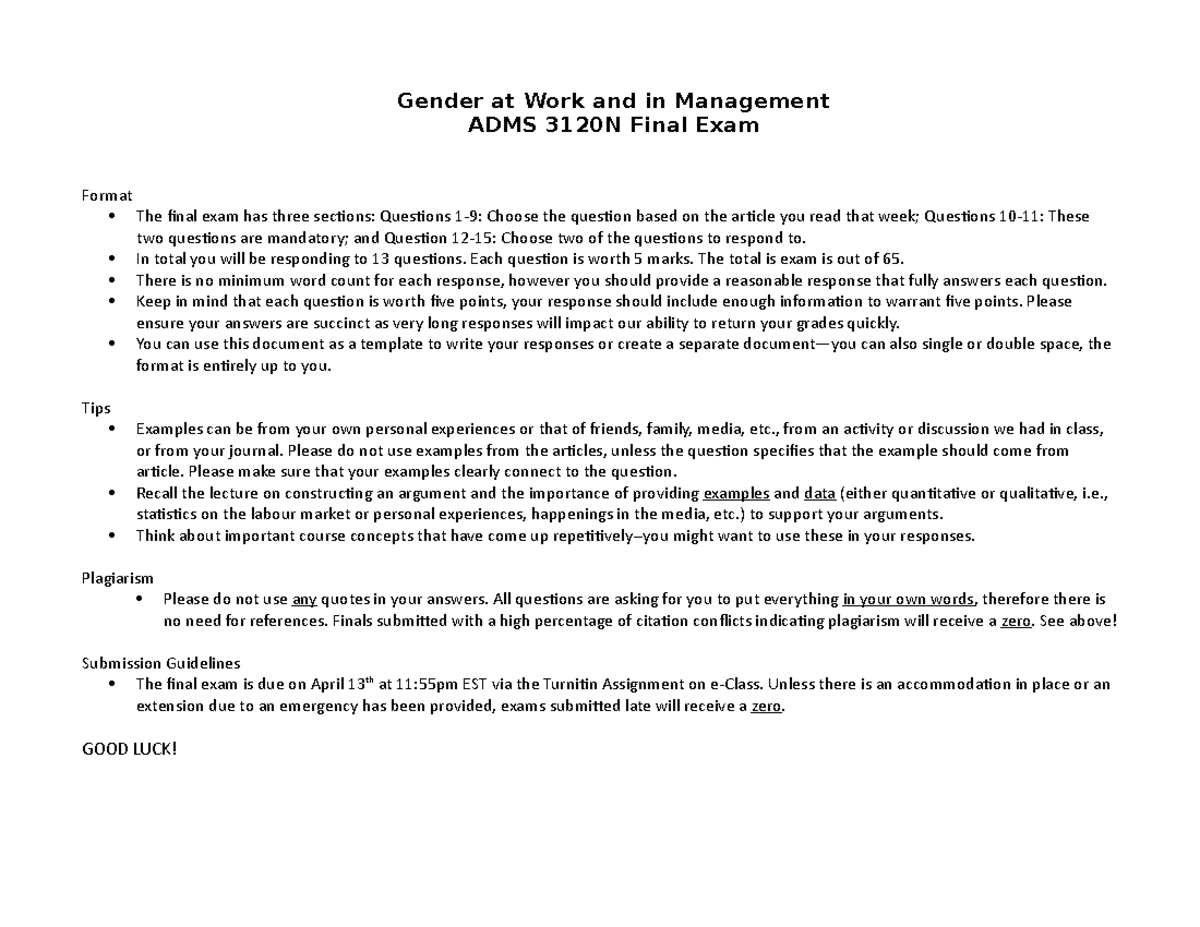 Final Exam-W22 adms 3210 - Gender at Work and in Management ADMS 3120N ...
