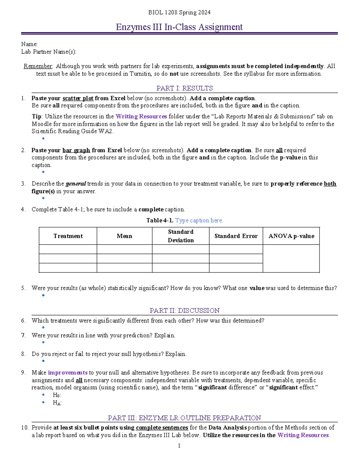 Enzyme III ICA - lab - BIOL 1208 Spring 2024 Enzymes III In-Class Assignment Name: Lab Partner ...