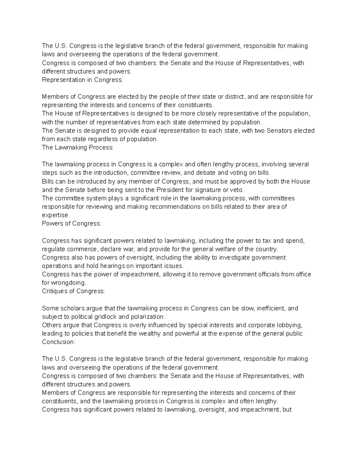 The Congress Representation and Lawmaking - The U. Congress is the ...