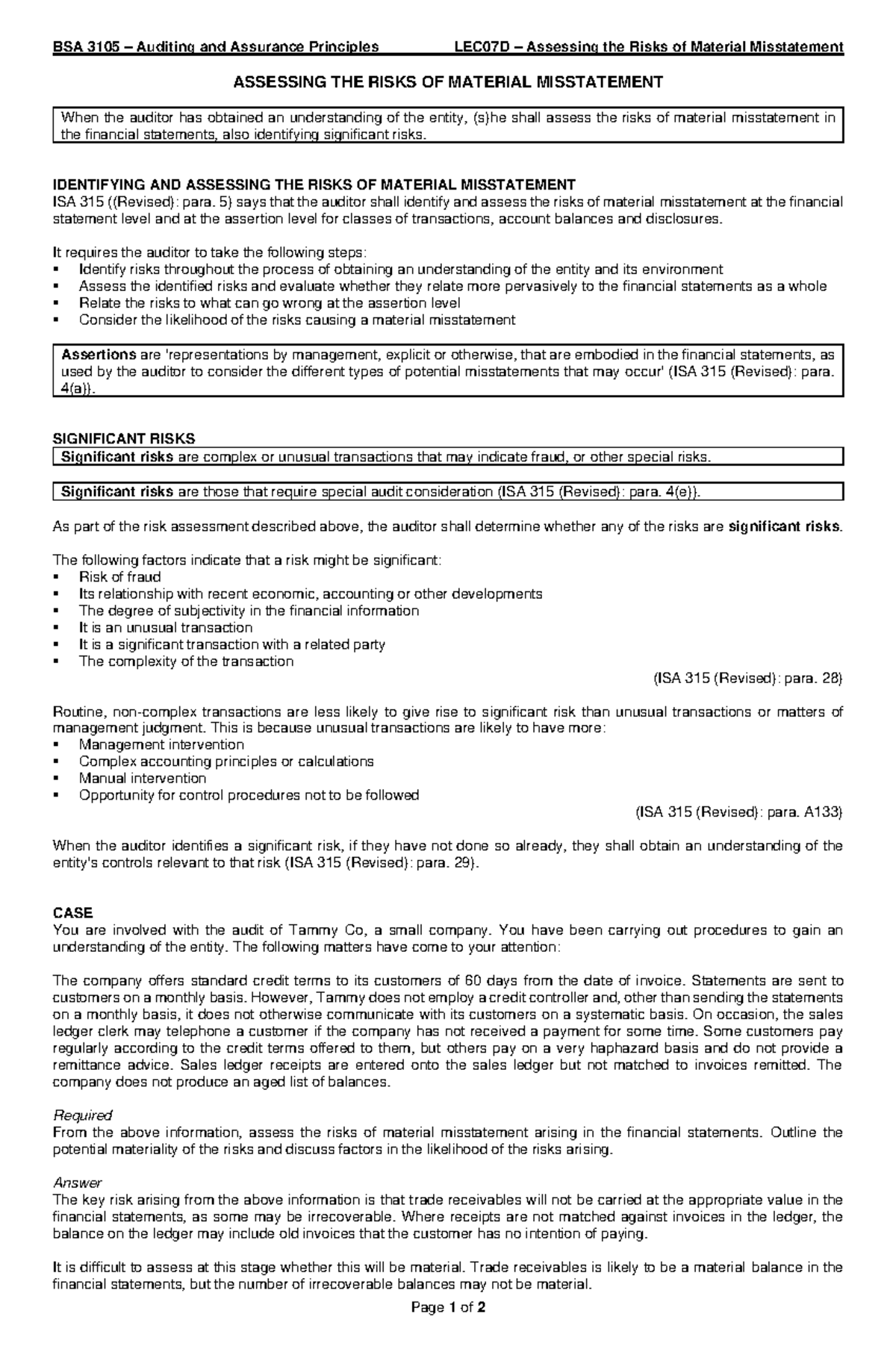 Assessing the Risks of Material Misstatement - Accountancy - UE - Studocu