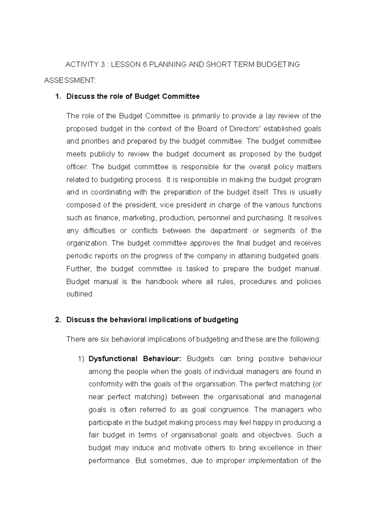 Planning AND Short TERM Budget - ACTIVITY 3 : LESSON 6 PLANNING AND ...