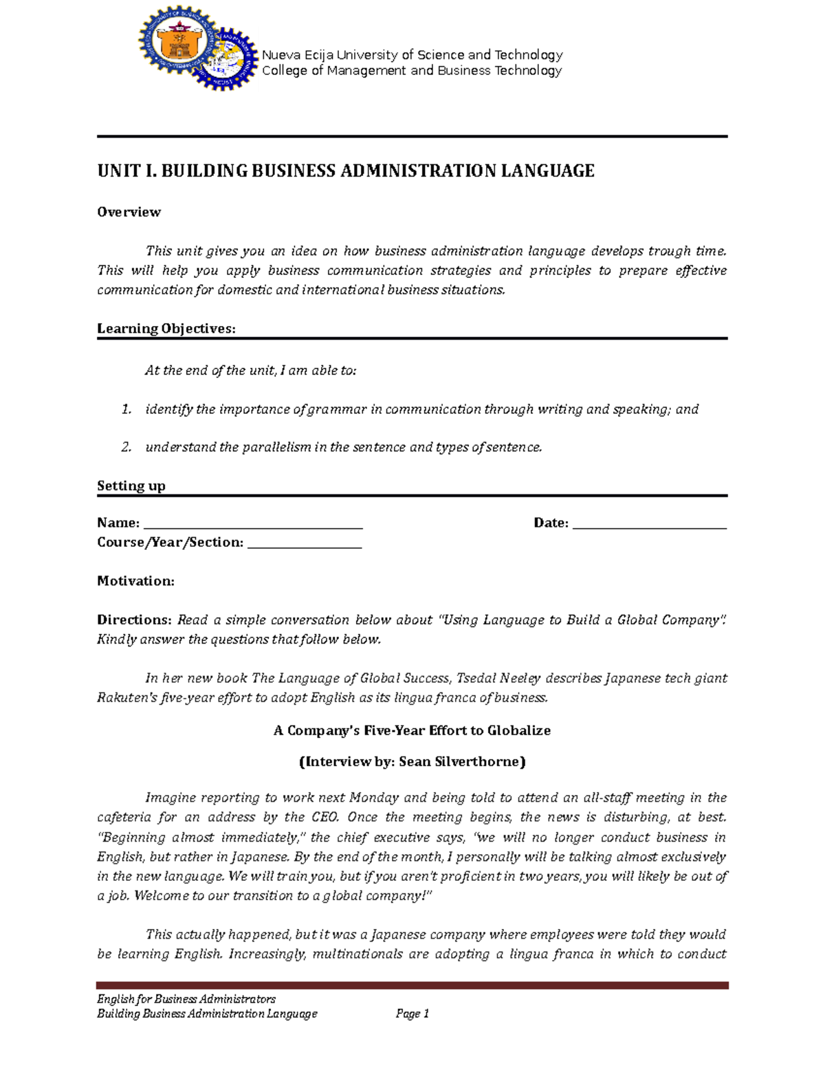 ELP-Unit1 1 - n/a - College of Management and Business Technology UNIT ...