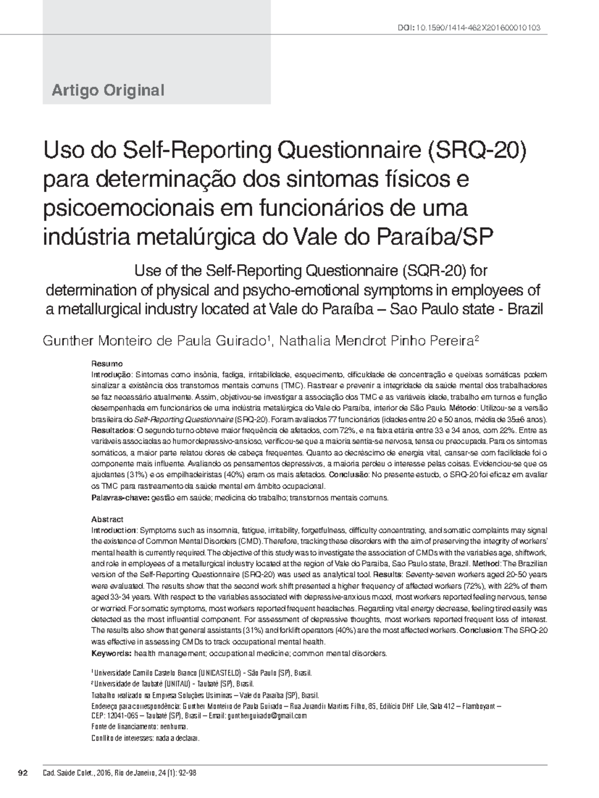 Artigo SRQ20 - O Self-Reporting Questionnaire (SRQ- 20) foi um dos mais ...