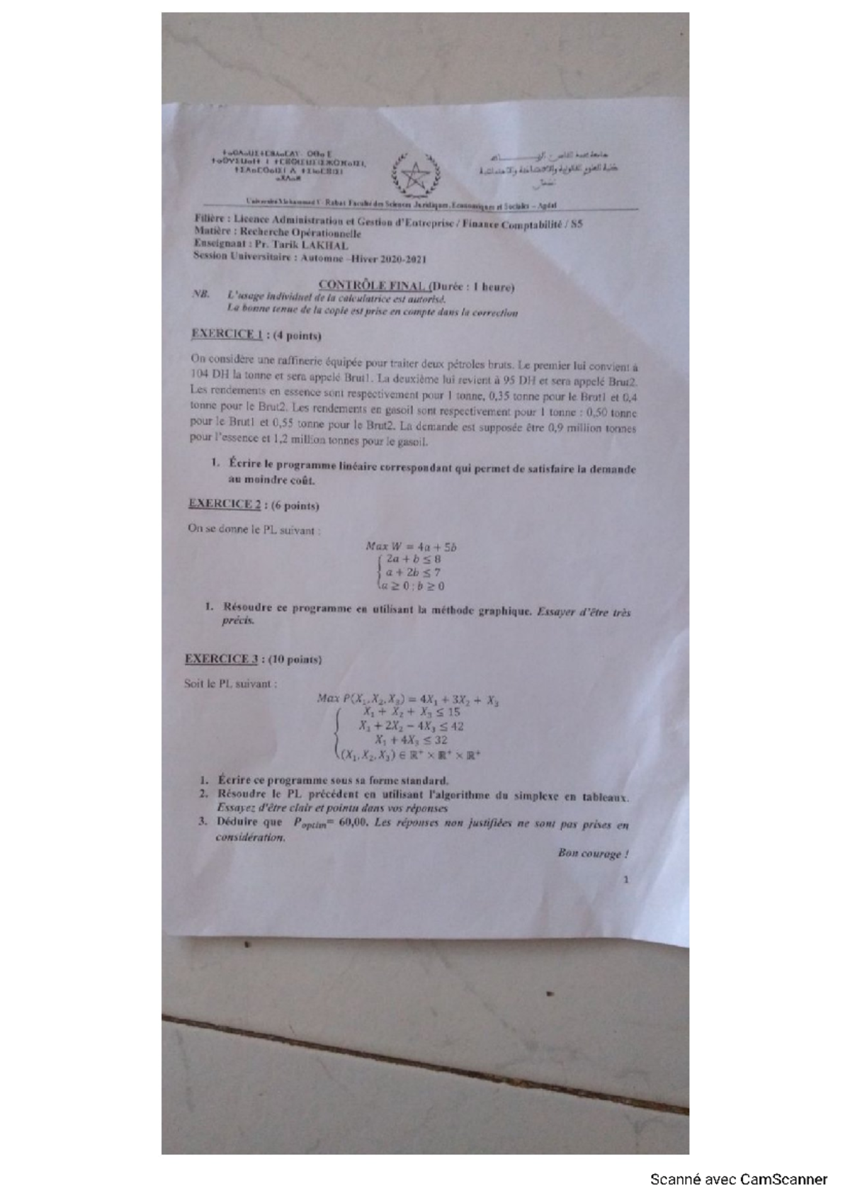 Examen final et rattrapage RO 2020-2021 - Méthodologie De La Recherche ...