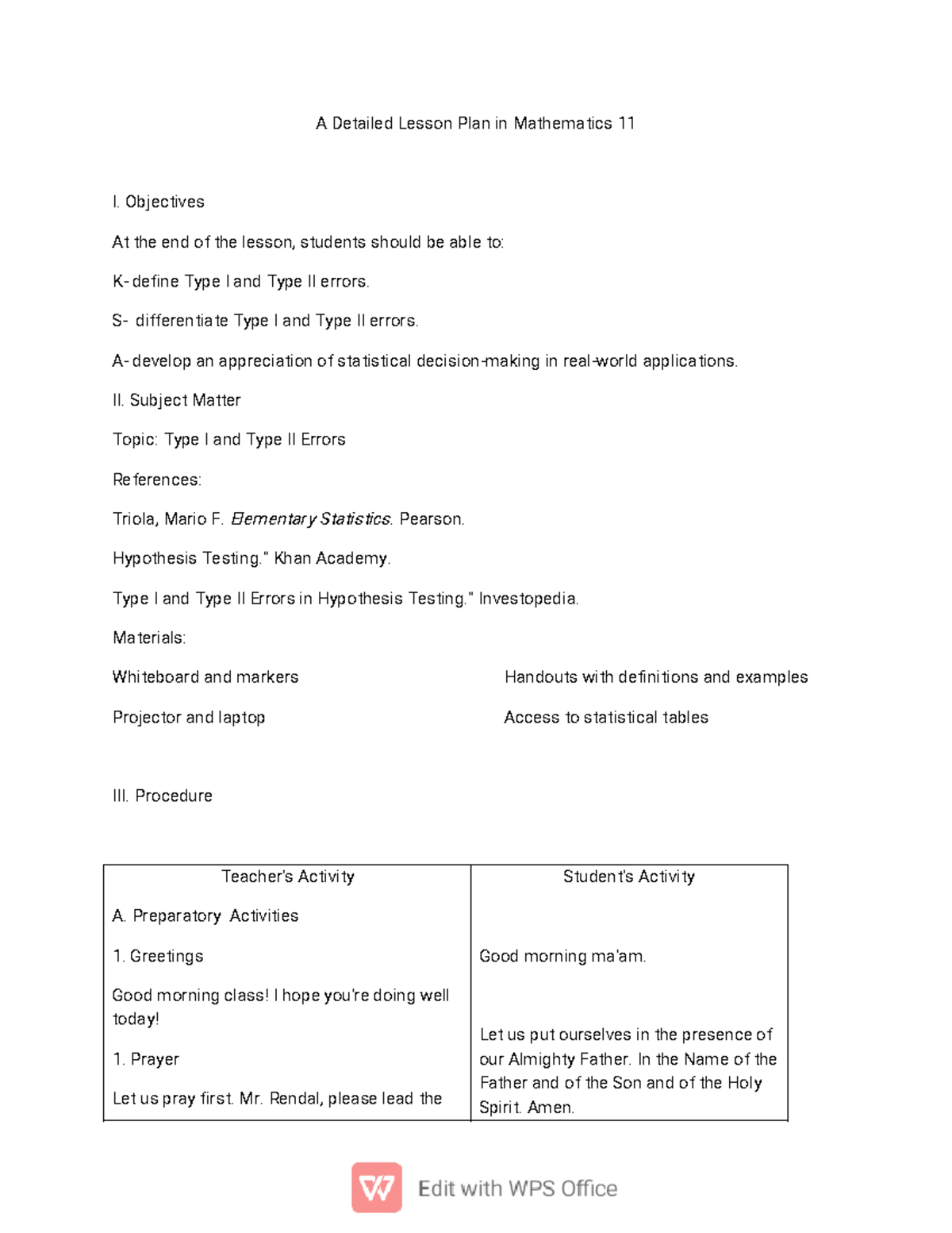 DLP TYPE I AND TYPE II Errors Experimental - A Detailed Lesson Plan in ...