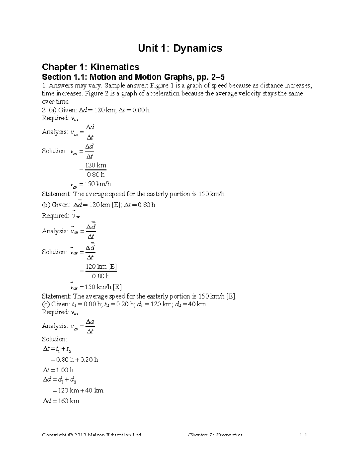 1.1 worksheet solutions - Unit 1: Dynamics Chapter 1: Kinematics ...