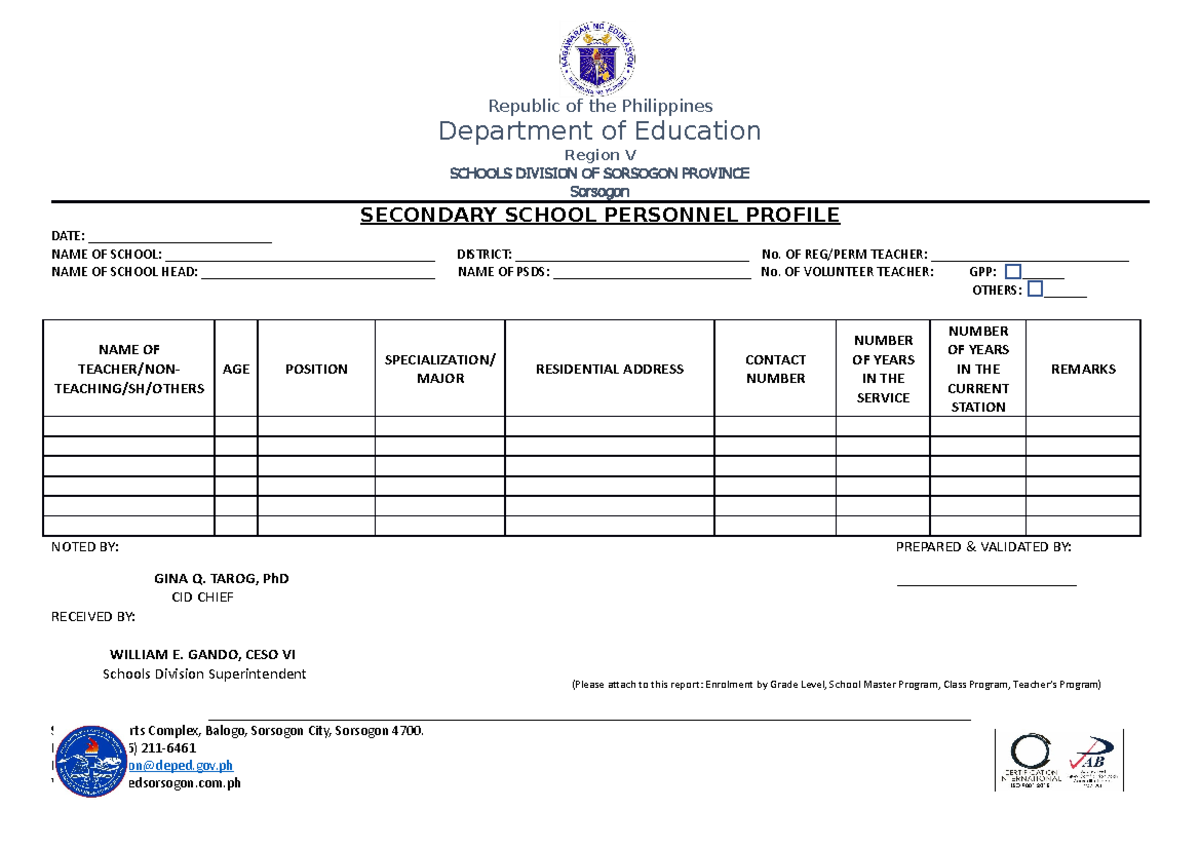 School Personnel Profile 2 1 - Republic of the Philippines Department ...