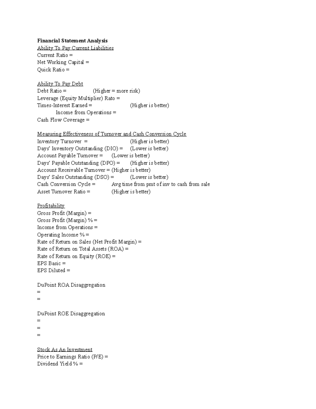 AC221 Formula Sheet - Financial Statement Analysis Ability To Pay ...