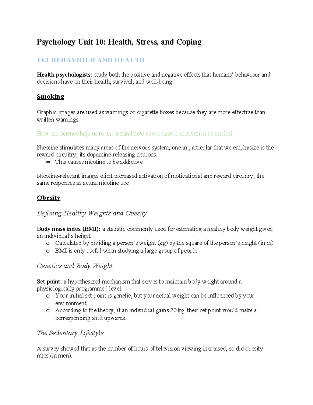 Psychology Unit 10 - Health, Well-Being, and Coping - Psychology Unit ...