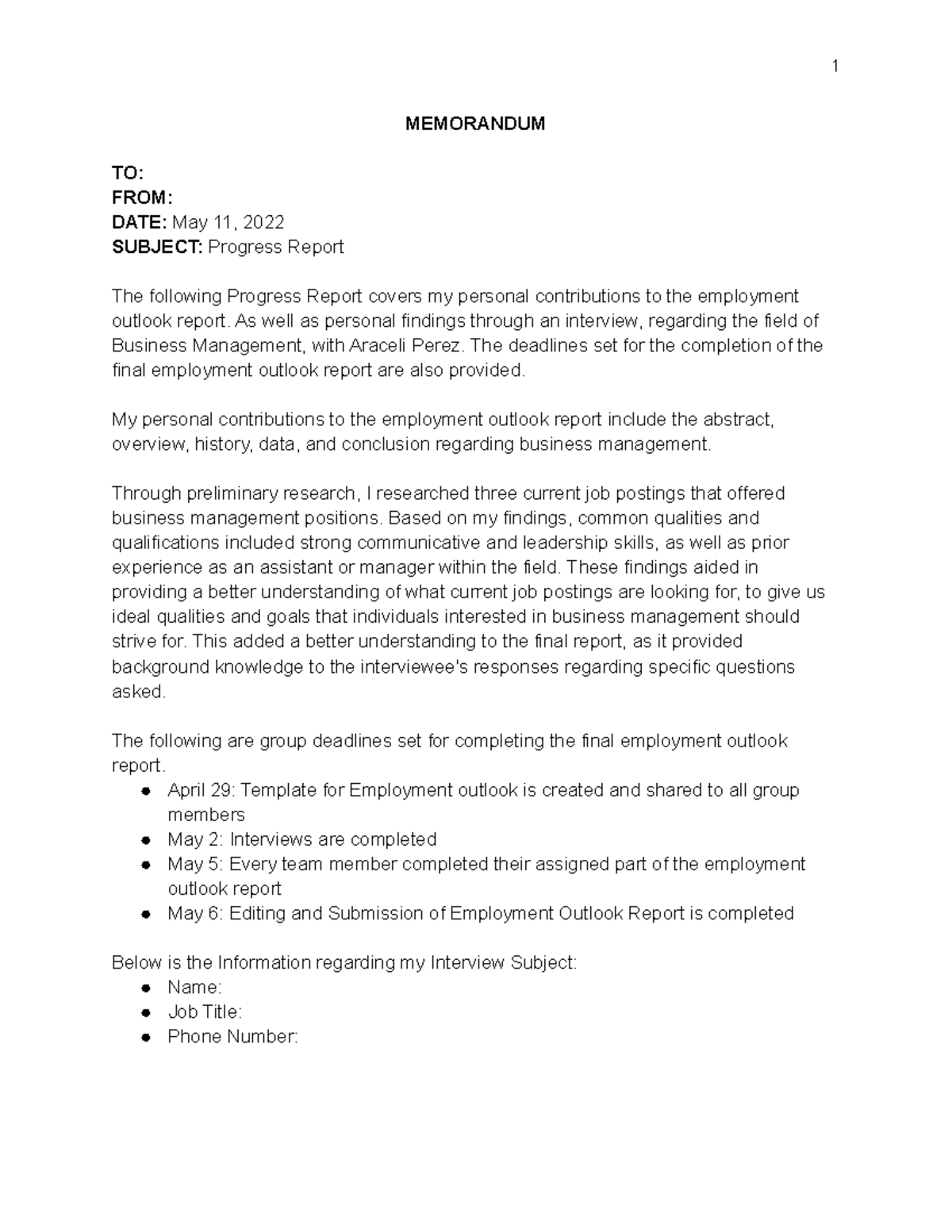 Progress Report - As well as personal findings through an interview ...