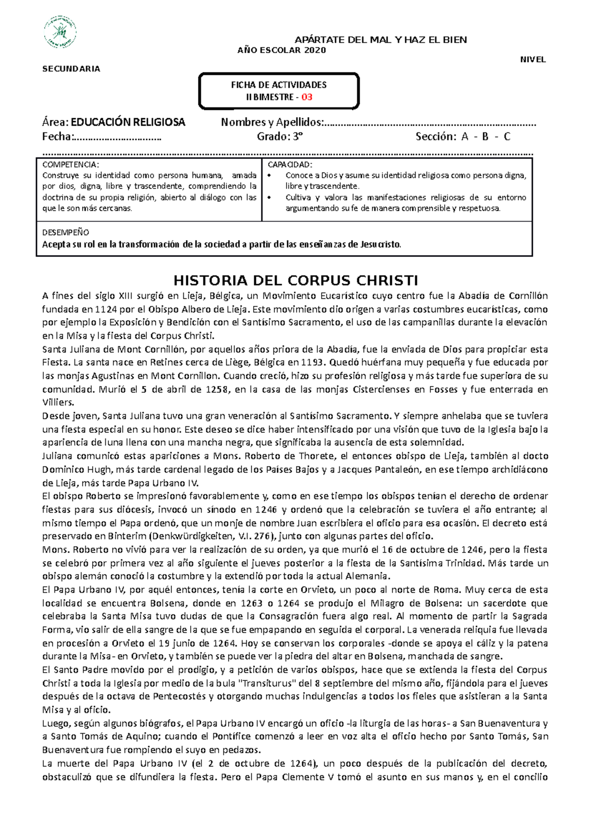 Ficha Corpus Christi 3° Sec - ####### APÁRTATE DEL MAL Y HAZ EL BIEN AÑO ESCOLAR 2020 NIVEL ...