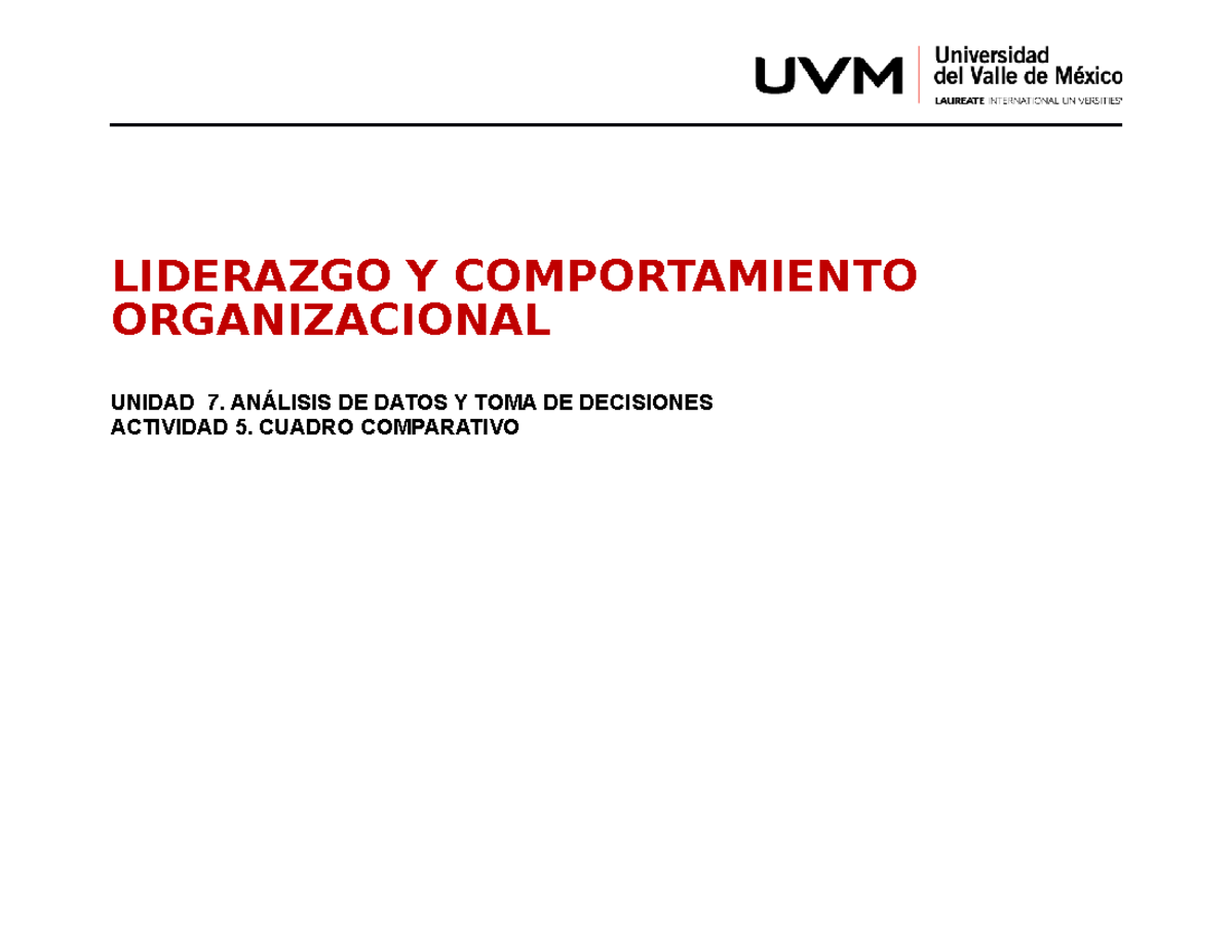 Cuadro Comparativo - TAREA - LIDERAZGO Y COMPORTAMIENTO ORGANIZACIONAL UNIDAD 7. ANÁLISIS DE ...