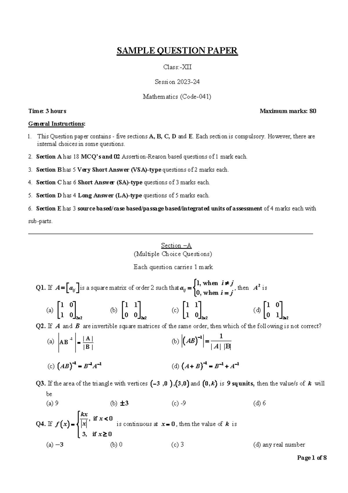Sample question paper - ####### SAMPLE QUESTION PAPER Class:-XII ...