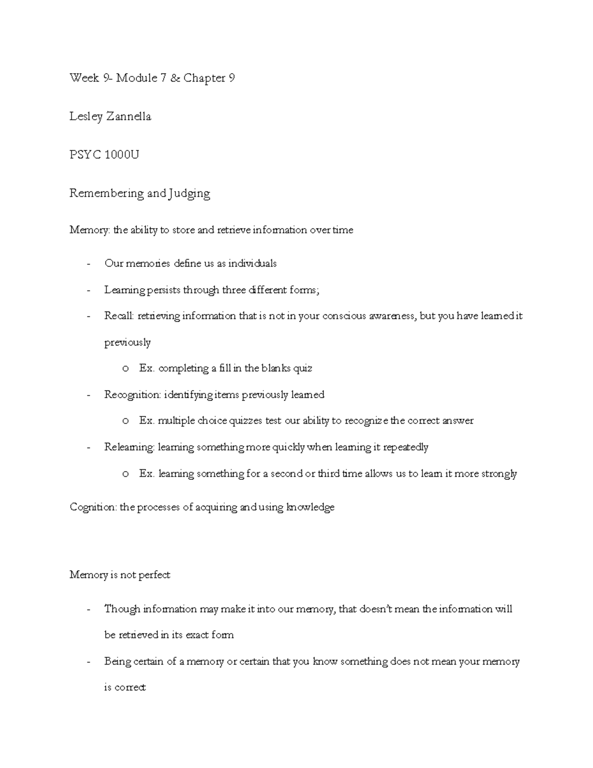 Module 7 chapter 9 notes - Week 9- Module 7 & Chapter 9 Lesley Zannella ...