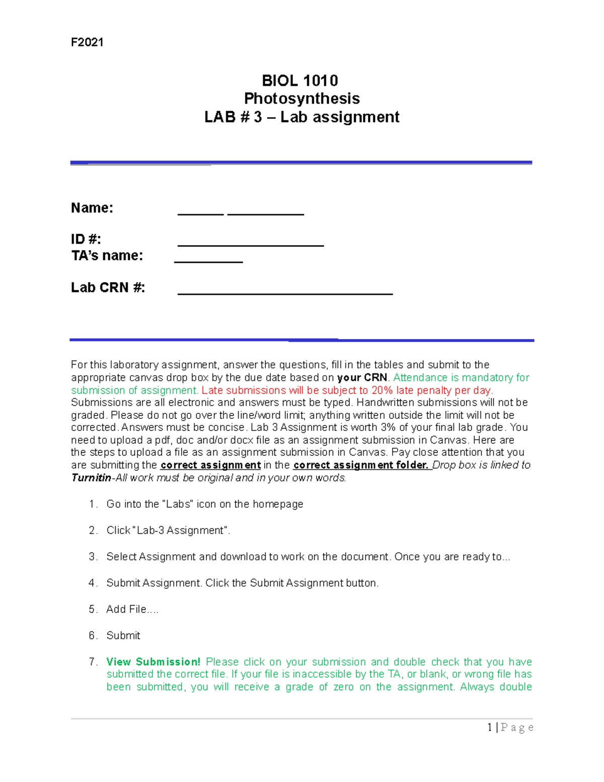 BIOL 1010-Lab 3 - Photosynthesis - BIOL 1010 Photosynthesis LAB # 3 – Lab assignment Name ...