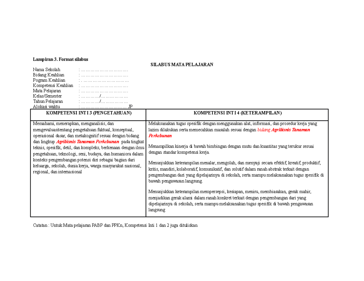001-2 format silabus - Lampiran 3. Format silabus SILABUS MATA PELAJARAN Nama Sekolah : - Studocu