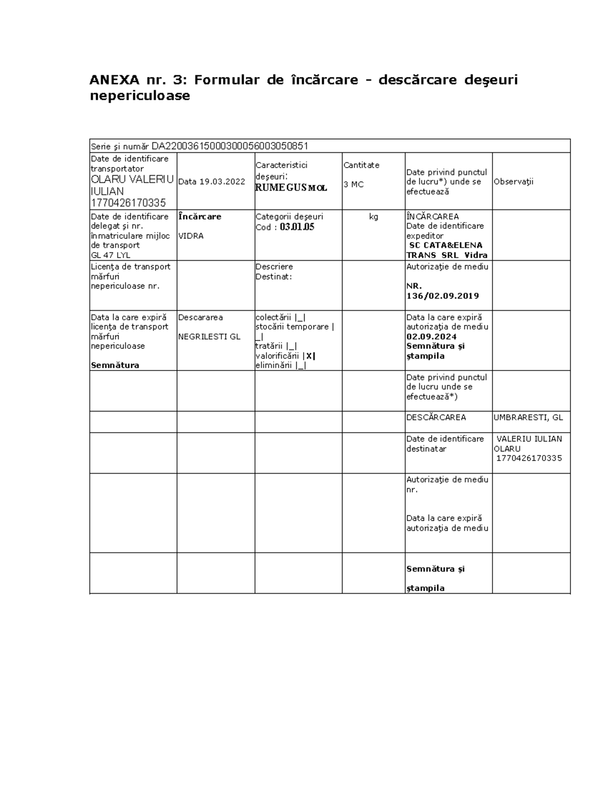 05 - sdadsadasdassadsasasada - ANEXA nr. 3: Formular de încărcare - descărcare deşeuri ...