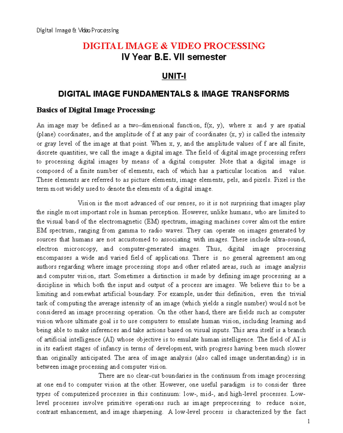 DIP- Notes - Digital Image & Video Processing 1 DIGITAL IMAGE & VIDEO ...