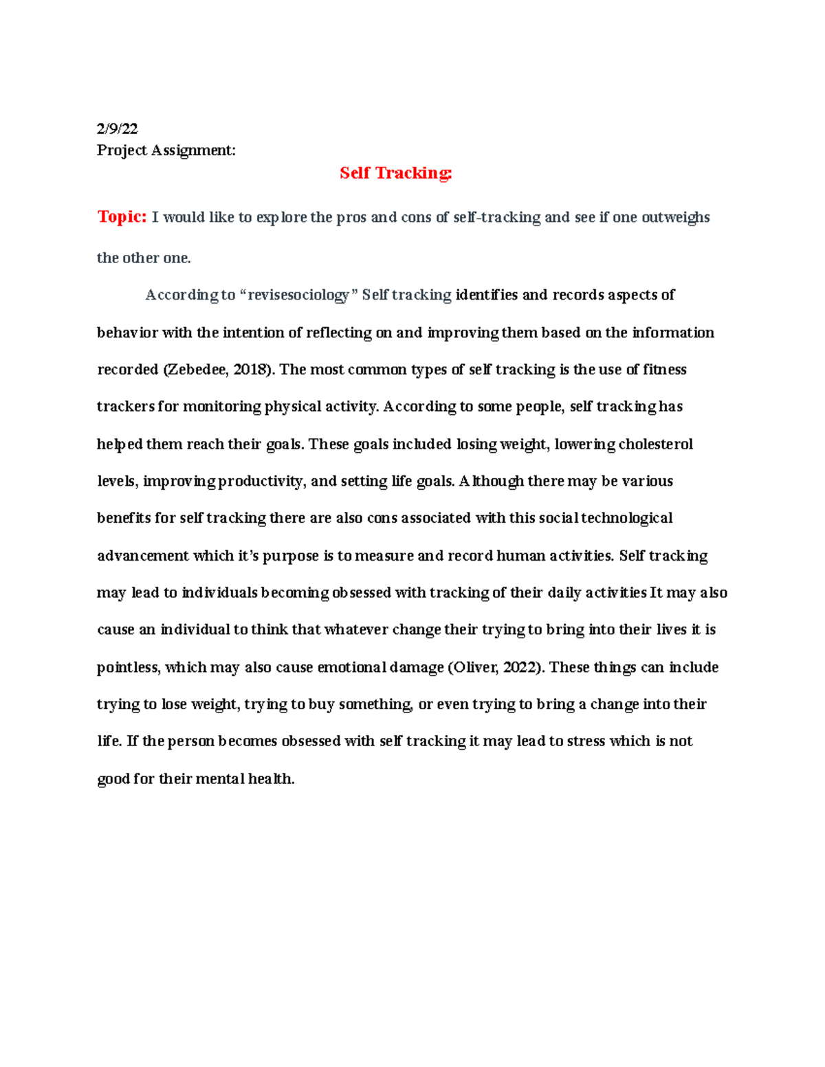 Technology Through TIme Final Assignment 2 8 22 - 2/9/ Project Assignment: Self Tracking: Topic ...